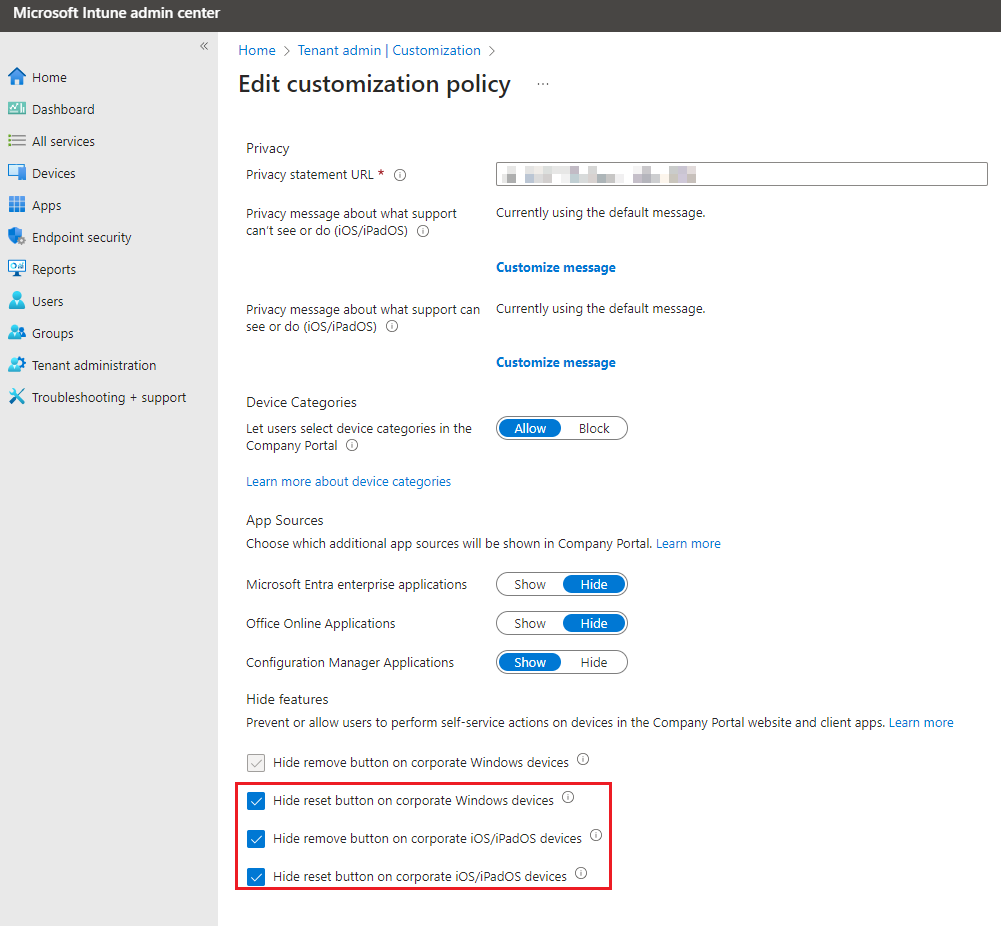 How to customise remove and reset device actions in Company Portal